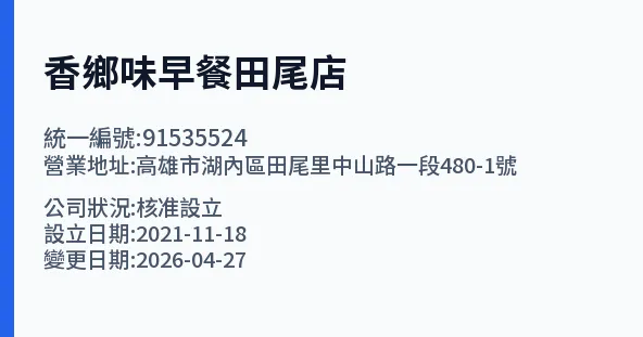 香鄉味早餐田尾店的照片-統編 91535524(高雄市) 公司登記資料與營業項目詳細圖表