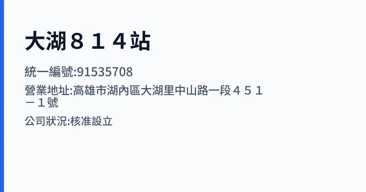 大湖８１４站 - 統編 91535708(高雄市) 公司登記資料與營業項目詳細圖表