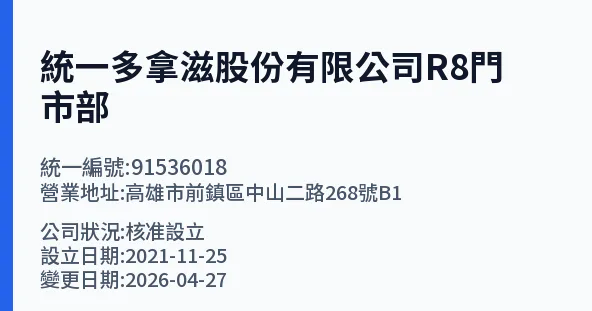 統一多拿滋股份有限公司R8門市部的照片-統編 91536018(高雄市) 公司登記資料與營業項目詳細圖表
