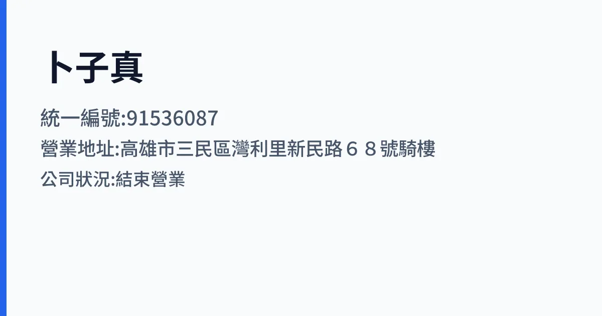 卜子真 - 統編 91536087(高雄市) 公司登記資料與營業項目詳細圖表