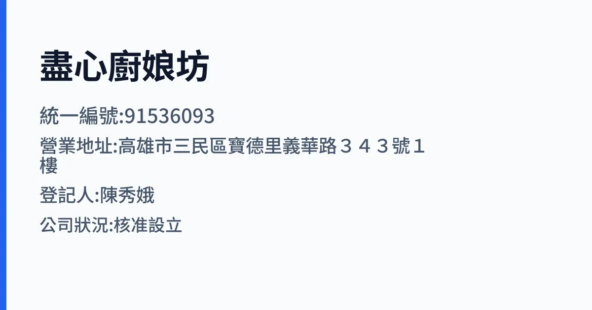盡心廚娘坊 - 統編 91536093(高雄市) 公司登記資料與營業項目詳細圖表