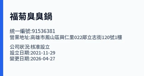 福菊臭臭鍋的照片-統編 91536381(高雄市) 公司登記資料與營業項目詳細圖表
