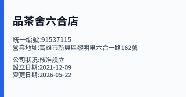 品茶舍六合店的照片-統編 91537115(高雄市) 公司登記資料與營業項目詳細圖表