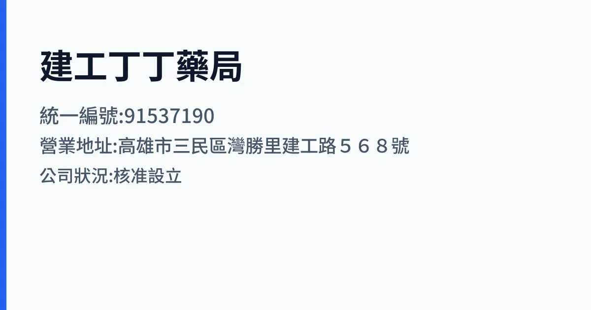 建工丁丁藥局 - 統編 91537190(高雄市) 公司登記資料與營業項目詳細圖表