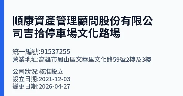 順康資產管理顧問股份有限公司吉拾停車場文化路場的照片-統編 91537255(高雄市) 公司登記資料與營業項目詳細圖表