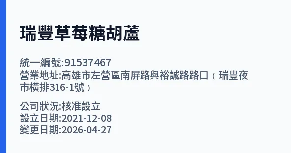 瑞豐草莓糖胡蘆的照片-統編 91537467(高雄市) 公司登記資料與營業項目詳細圖表