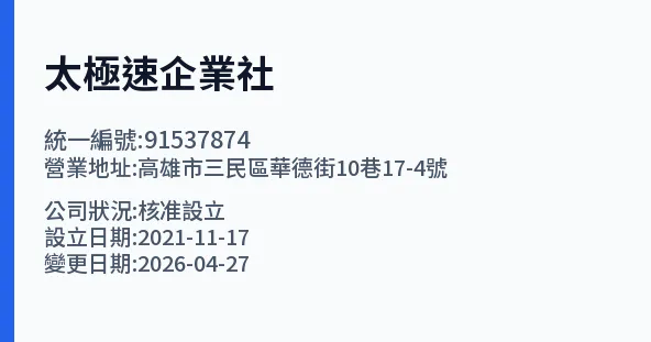 太極速企業社的照片-統編 91537874(高雄市) 公司登記資料與營業項目詳細圖表