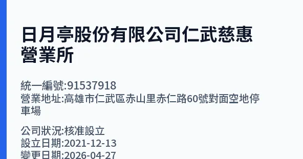 日月亭股份有限公司仁武慈惠營業所的照片-統編 91537918(高雄市) 公司登記資料與營業項目詳細圖表