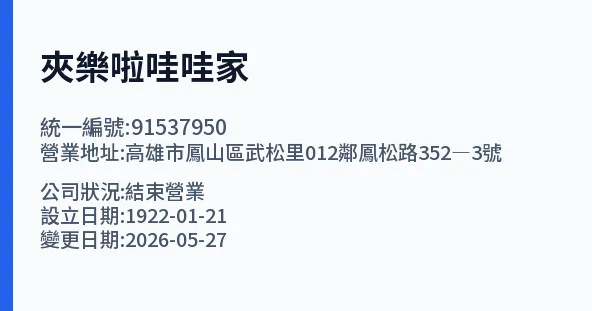 夾樂啦哇哇家的照片-統編 91537950(高雄市) 公司登記資料與營業項目詳細圖表