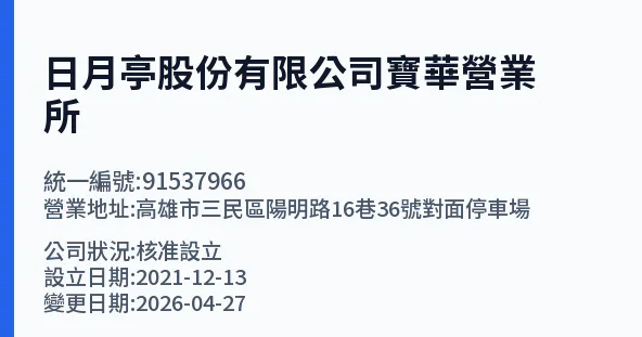 日月亭股份有限公司寶華營業所的照片-統編 91537966(高雄市) 公司登記資料與營業項目詳細圖表