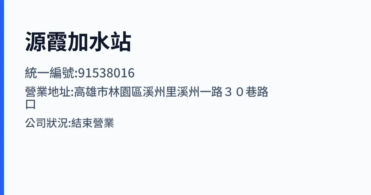 源霞加水站 - 統編 91538016(高雄市) 公司登記資料與營業項目詳細圖表