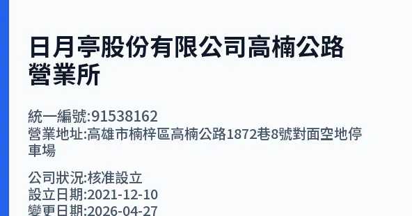 日月亭股份有限公司高楠公路營業所的照片-統編 91538162(高雄市) 公司登記資料與營業項目詳細圖表