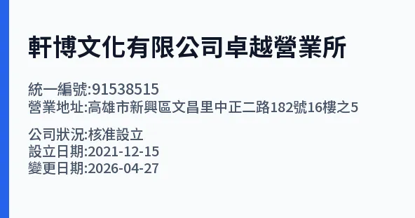 軒博文化有限公司卓越營業所的照片-統編 91538515(高雄市) 公司登記資料與營業項目詳細圖表