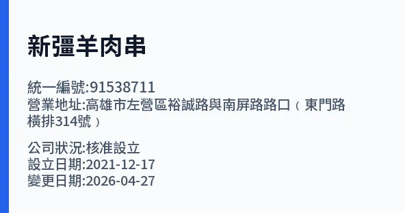 新彊羊肉串的照片-統編 91538711(高雄市) 公司登記資料與營業項目詳細圖表