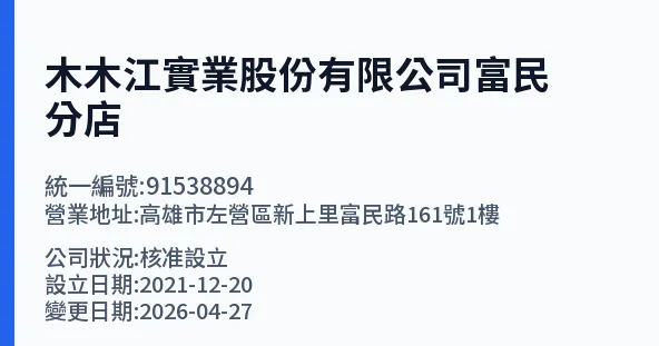 木木江實業股份有限公司富民分店的照片-統編 91538894(高雄市) 公司登記資料與營業項目詳細圖表
