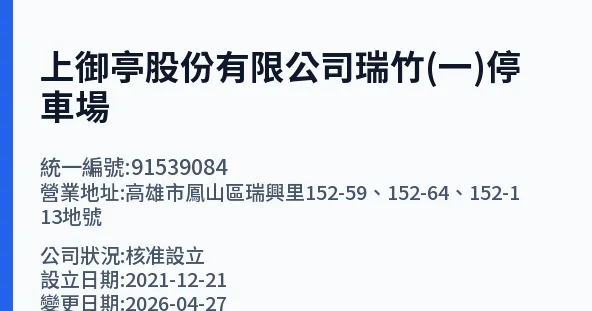 上御亭股份有限公司瑞竹(一)停車場的照片-統編 91539084(高雄市) 公司登記資料與營業項目詳細圖表