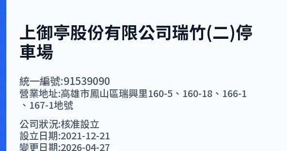 上御亭股份有限公司瑞竹(二)停車場的照片-統編 91539090(高雄市) 公司登記資料與營業項目詳細圖表