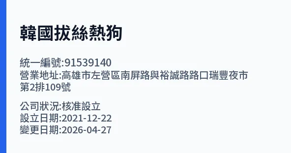 韓國拔絲熱狗的照片-統編 91539140(高雄市) 公司登記資料與營業項目詳細圖表