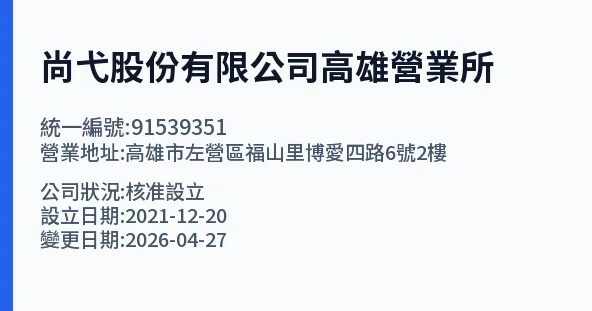 尚弋股份有限公司高雄營業所的照片-統編 91539351(高雄市) 公司登記資料與營業項目詳細圖表