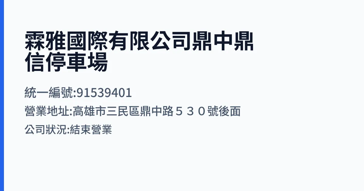 霖雅國際有限公司鼎中鼎信停車場 - 統編 91539401(高雄市) 公司登記資料與營業項目詳細圖表