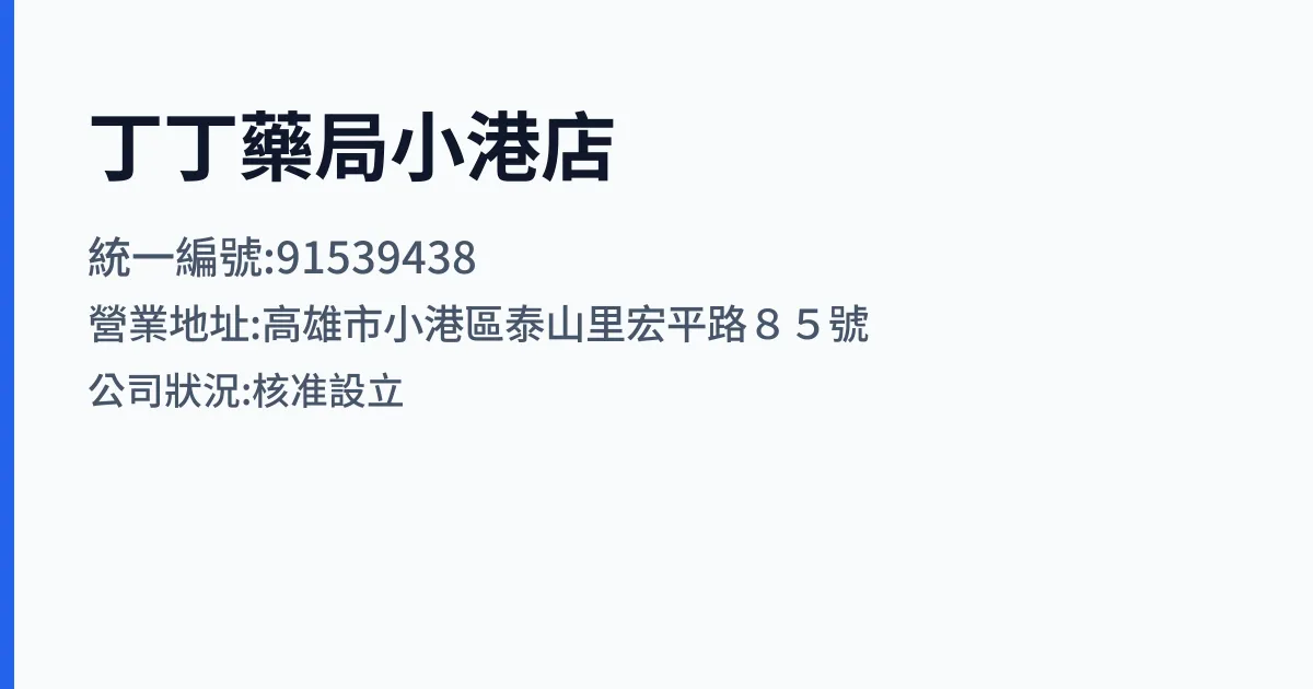 丁丁藥局小港店 - 統編 91539438(高雄市) 公司登記資料與營業項目詳細圖表