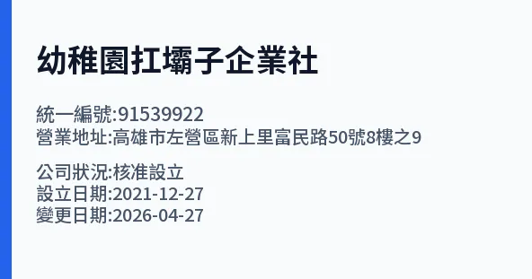 幼稚園扛壩子企業社的照片-統編 91539922(高雄市) 公司登記資料與營業項目詳細圖表