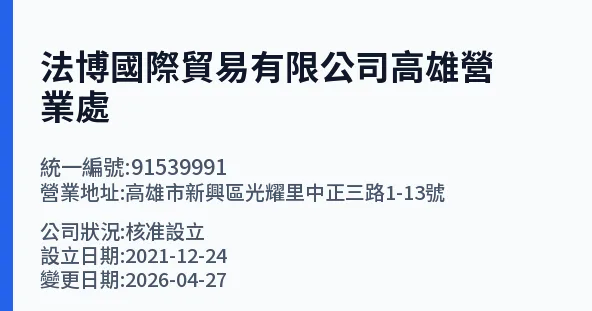 法博國際貿易有限公司高雄營業處的照片-統編 91539991(高雄市) 公司登記資料與營業項目詳細圖表