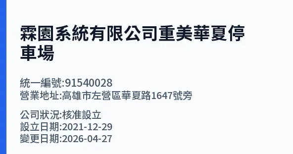 霖園系統有限公司重美華夏停車場的照片-統編 91540028(高雄市) 公司登記資料與營業項目詳細圖表