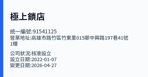 極上鎖店的照片-統編 91541125(高雄市) 公司登記資料與營業項目詳細圖表