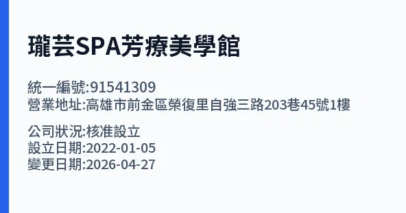 瓏芸SPA芳療美學館的照片-統編 91541309(高雄市) 公司登記資料與營業項目詳細圖表