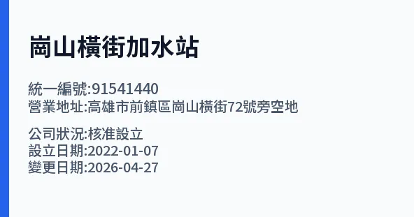 崗山橫街加水站的照片-統編 91541440(高雄市) 公司登記資料與營業項目詳細圖表