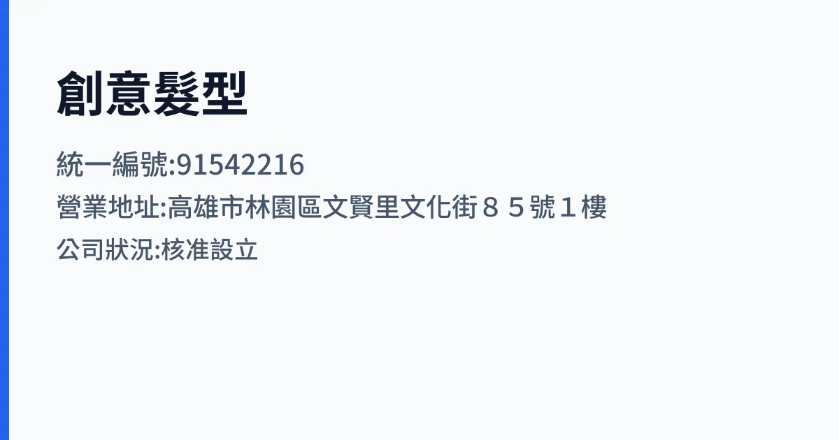 創意髮型 - 統編 91542216（高雄市） 公司登記資料與營業項目詳細圖表