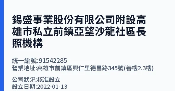 錫盛事業股份有限公司附設高雄市私立前鎮亞望沙龍社區長照機構的照片-統編 91542285(高雄市) 公司登記資料與營業項目詳細圖表