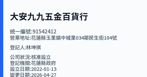 大安九九五金百貨行的照片-統編 91542412(花蓮縣) 公司登記資料與營業項目詳細圖表