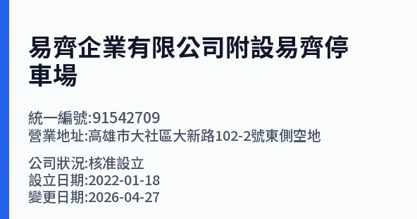 易齊企業有限公司附設易齊停車場的照片-統編 91542709(高雄市) 公司登記資料與營業項目詳細圖表