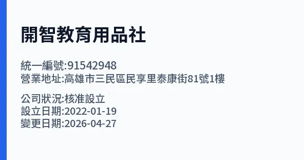 開智教育用品社的照片-統編 91542948(高雄市) 公司登記資料與營業項目詳細圖表
