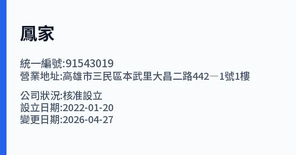 鳳家的照片-統編 91543019(高雄市) 公司登記資料與營業項目詳細圖表