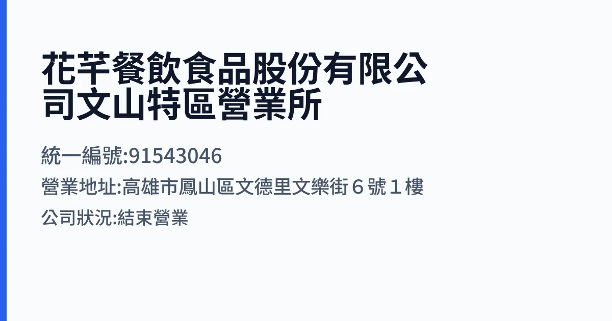 花芊餐飲食品股份有限公司文山特區營業所 - 統編 91543046(高雄市) 公司登記資料與營業項目詳細圖表