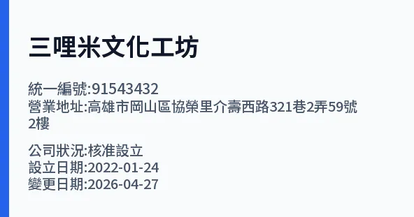 三哩米文化工坊的照片-統編 91543432(高雄市) 公司登記資料與營業項目詳細圖表