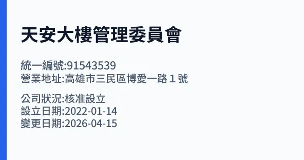天安大樓管理委員會的照片-統編 91543539(高雄市) 公司登記資料與營業項目詳細圖表