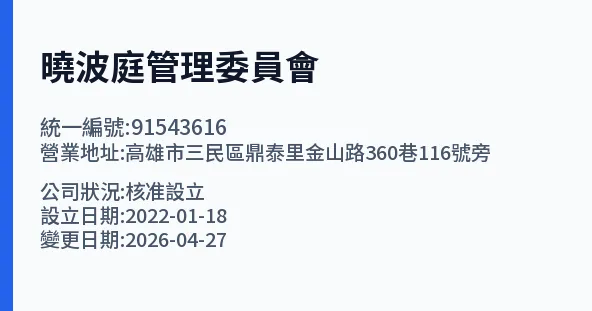 曉波庭管理委員會的照片-統編 91543616(高雄市) 公司登記資料與營業項目詳細圖表