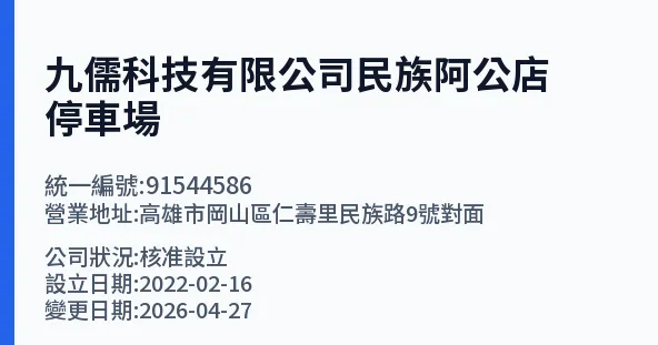 九儒科技有限公司民族阿公店停車場的照片-統編 91544586(高雄市) 公司登記資料與營業項目詳細圖表