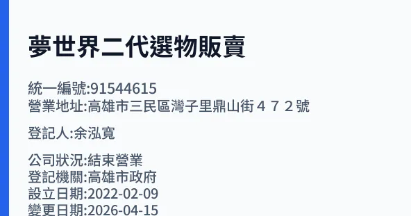 夢世界二代選物販賣的照片-統編 91544615(高雄市) 公司登記資料與營業項目詳細圖表