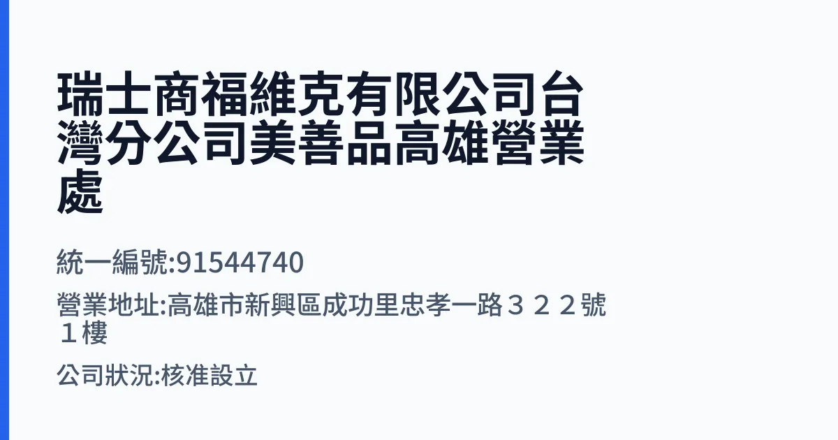 瑞士商福維克有限公司台灣分公司美善品高雄營業處 - 統編 91544740(高雄市) 公司登記資料與營業項目詳細圖表