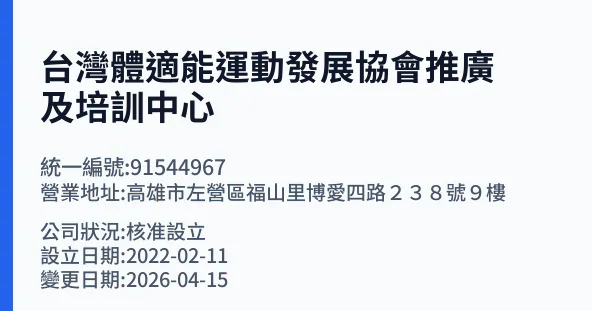台灣體適能運動發展協會推廣及培訓中心的照片-統編 91544967(高雄市) 公司登記資料與營業項目詳細圖表