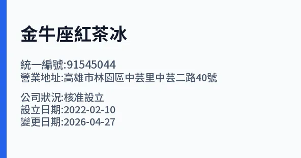 金牛座紅茶冰的照片-統編 91545044(高雄市) 公司登記資料與營業項目詳細圖表