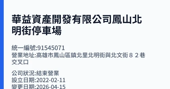 華益資產開發有限公司鳳山北明街停車場的照片-統編 91545071(高雄市) 公司登記資料與營業項目詳細圖表