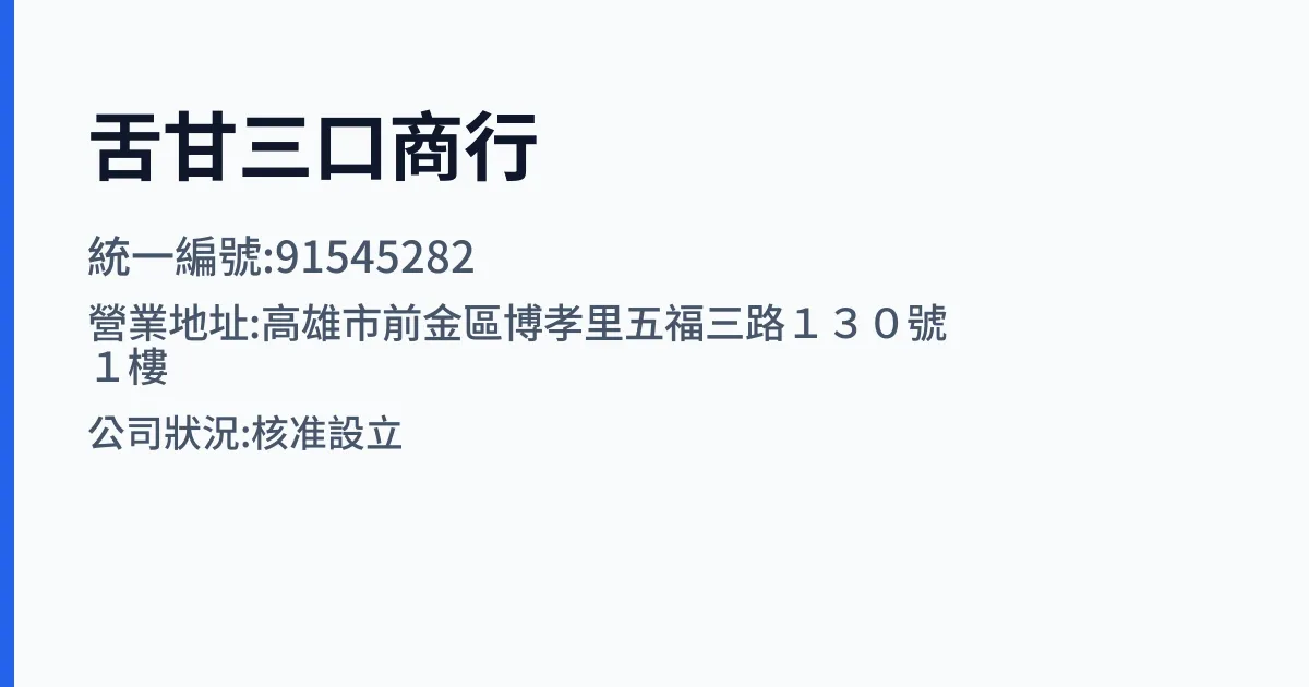 舌甘三口商行 - 統編 91545282(高雄市) 公司登記資料與營業項目詳細圖表