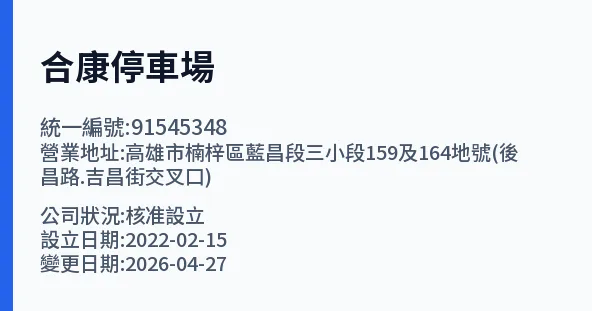 合康停車場的照片-統編 91545348(高雄市) 公司登記資料與營業項目詳細圖表
