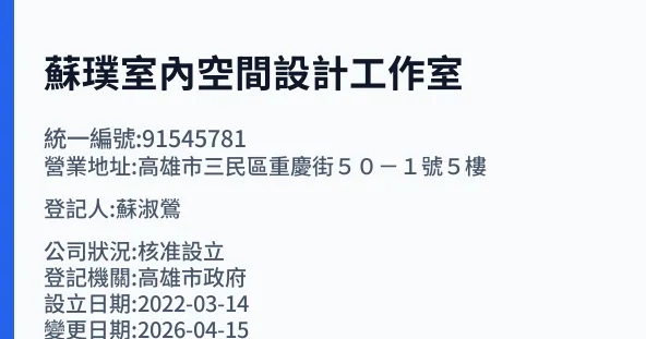 蘇璞室內空間設計工作室的照片-統編 91545781(高雄市) 公司登記資料與營業項目詳細圖表